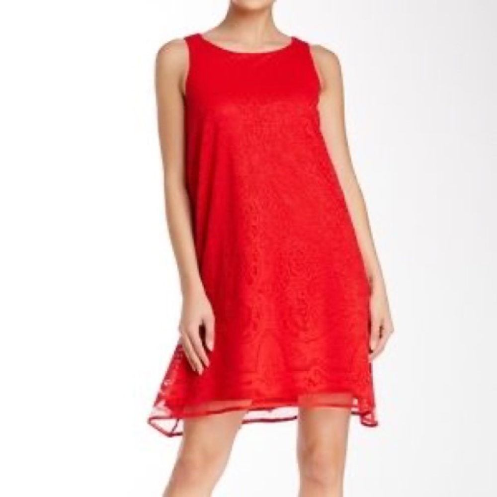 Max Studio Lace Overlay Dress In Red - Gem
